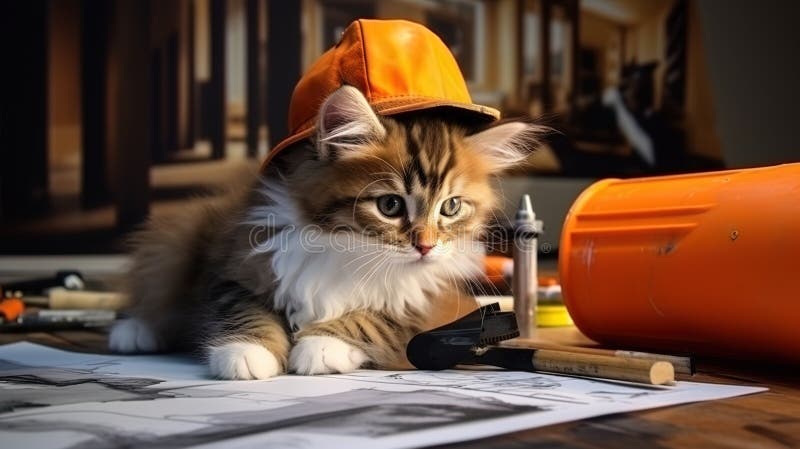 A Cat with a Meter Ribbon, Measuring Space for Construction Stock ...