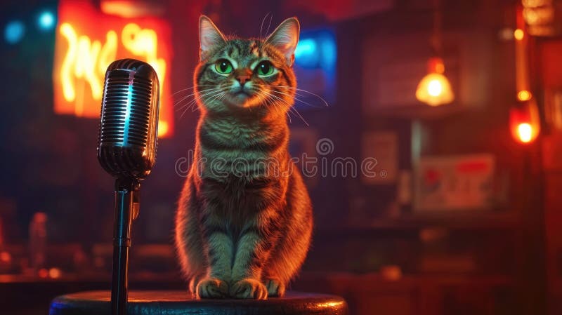 Cat with Microphone in Vintage Bar Setting Stock Image - Image of ...
