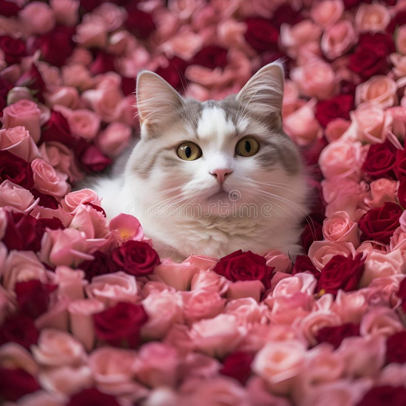 Cat in the Middle of Many Roses Stock Image - Image of whisker, pink ...