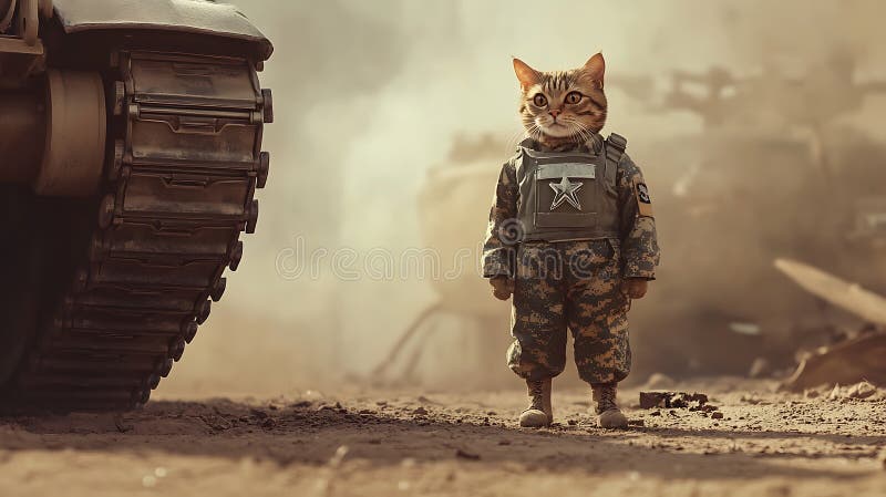 A Cat in Military Uniform Stands Near a Tank Stock Illustration ...