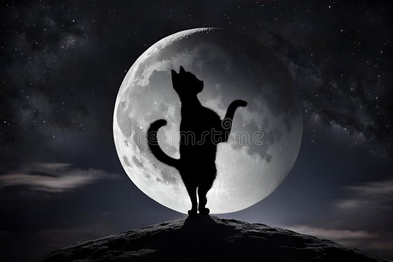 Cat and Moon, Dark Background. Stock Illustration - Illustration of ...