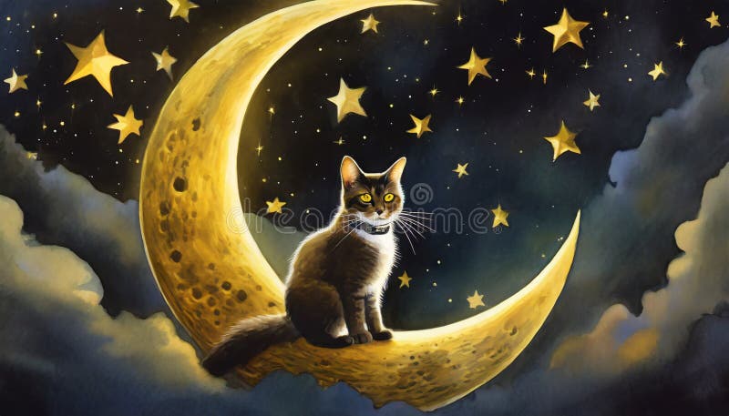 Cat on the Moon among the Stars Stock Illustration - Illustration of ...