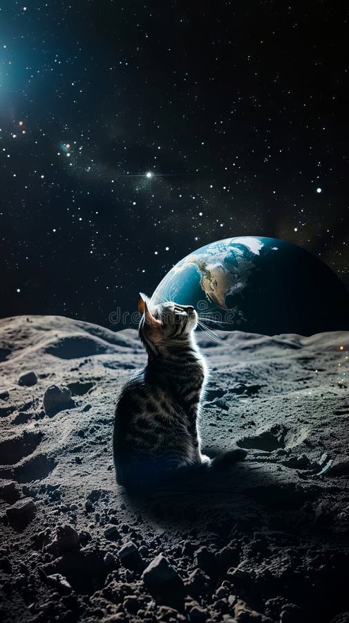 Cat on the moon wallpaper stock photo. Image of generated - 325554020