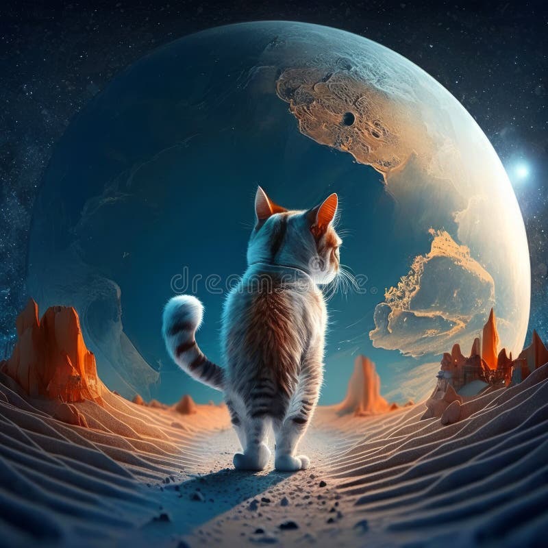 Cat on the Moony Landscape. Rear View of the Feline at Backdrop of ...