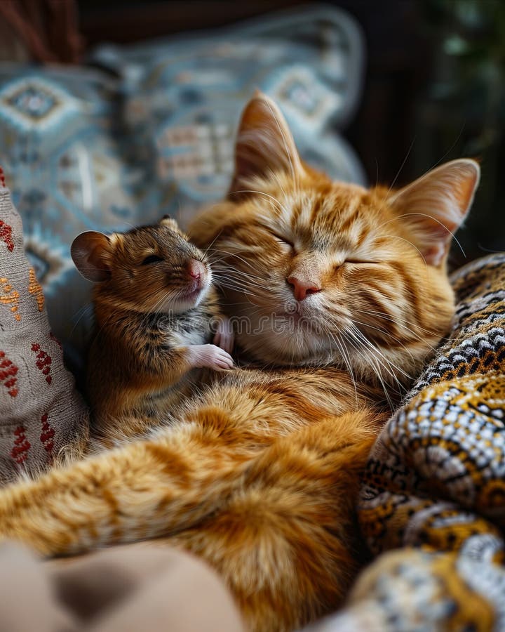 A Cat and a Mouse Cuddling on a Bed Stock Image - Image of indoor ...