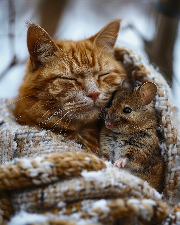 A Cat and Mouse Cuddling in a Blanket Stock Photo - Image of rodent ...