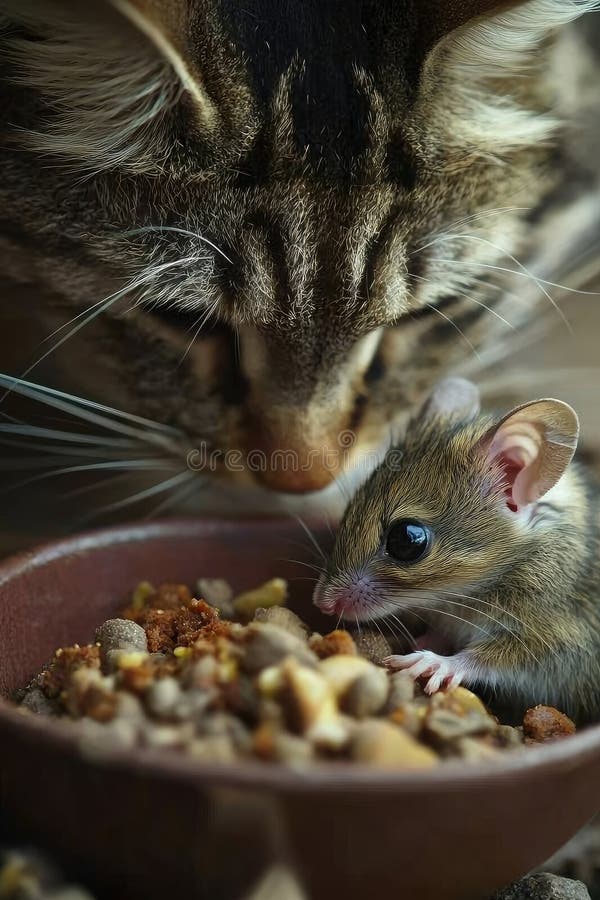Cat and Mouse Eat from the Same Bowl. Selective Focus Stock Photo ...