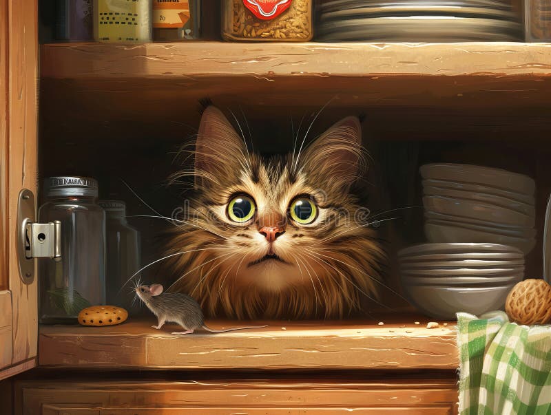 Cat and mouse in kitchen stock illustration. Illustration of playful ...