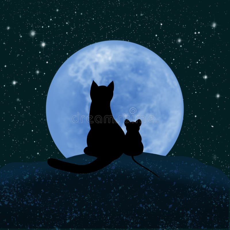 Cat and Mouse Looking at the Moon and the Starry Sky Stock Illustration ...