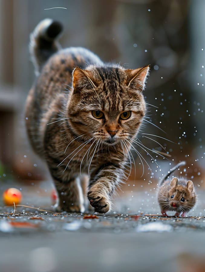 A Cat and Mouse Running in the Rain Stock Image - Image of tabby ...