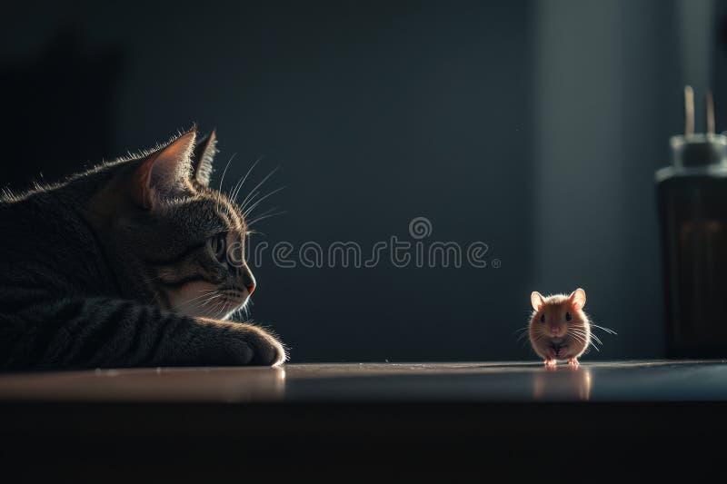 A Cat and a Mouse Sit on a Table, Curiously Looking at Each Other Stock ...