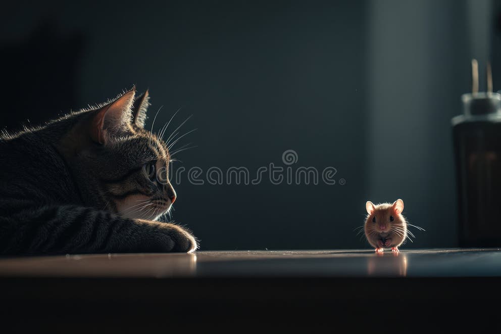 A Cat and a Mouse Sit on a Table, Curiously Looking at Each Other Stock ...