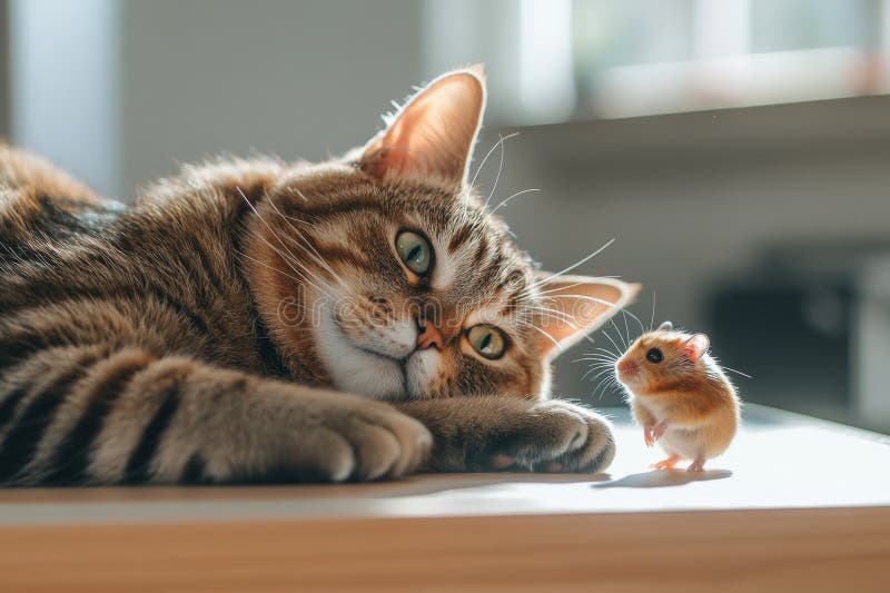 A Cat and a Mouse Sit on a Table, Curiously Looking at Each Other Stock ...