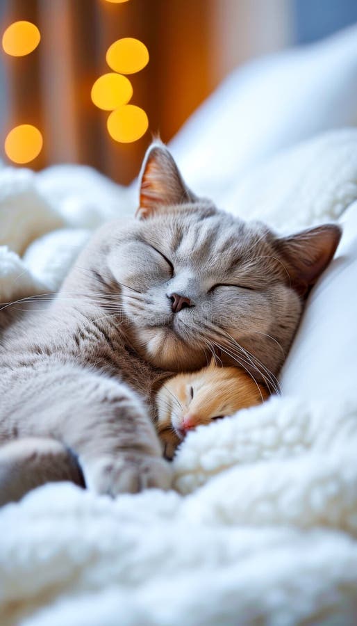 Cat and Mouse Sleeping Toghether in Soft Bed. World Sleep Day Concept ...