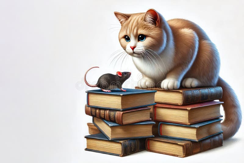 A Cat and a Mouse on a Stack of Books in the Library. Space for Text ...