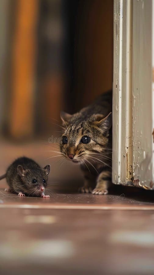 A Cat and a Mouse are Standing Next To Each Other Stock Image - Image of floor, medium: 324016949