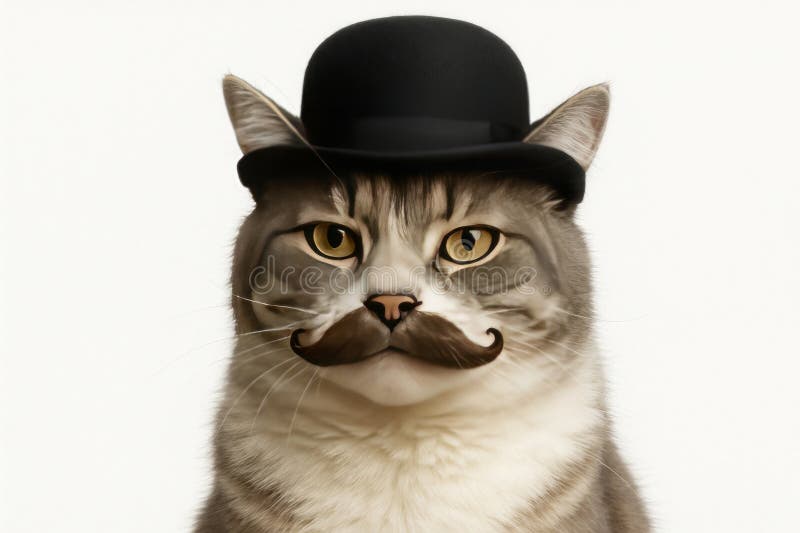 A Cat with a Mustache and a Hat Poses on a Light Background. Stock ...