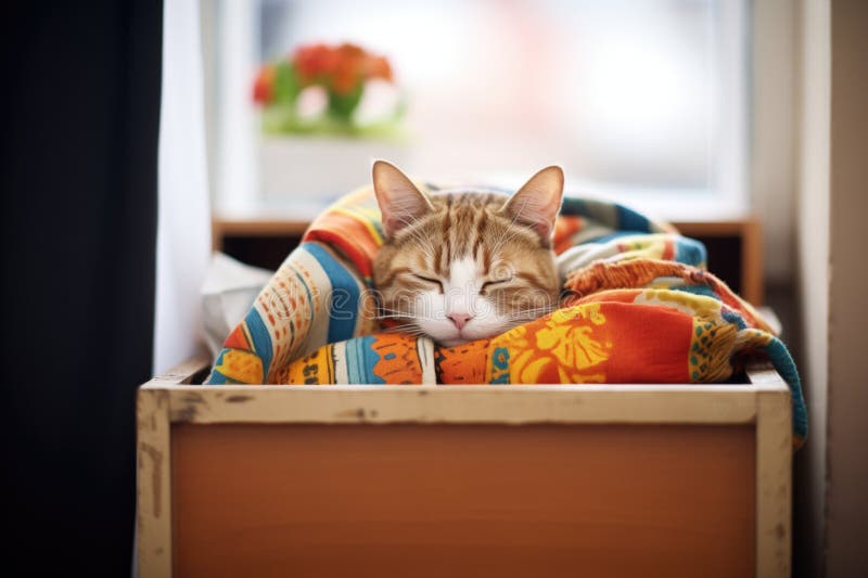 Cat Napping in a Box with a Soft Blanket Lining Stock Image - Image of ...