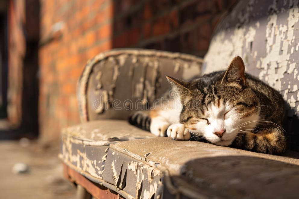 Cat Napping on a Sunfaded Sofa in a Back Alley Stock Image - Image of ...