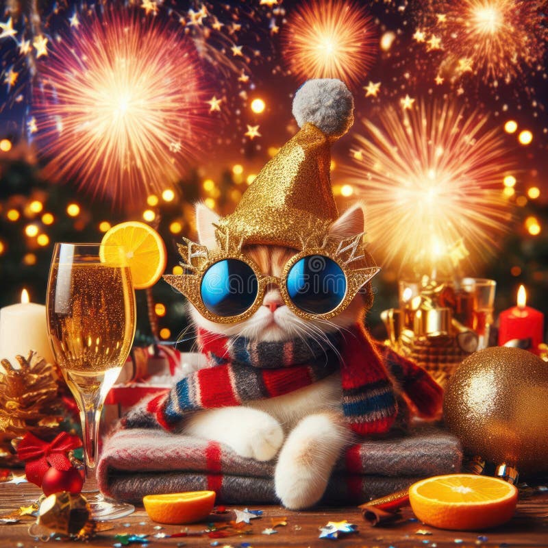 A Cat in New Year S Glasses and a Hat Celebrates with Fireworks Lights ...