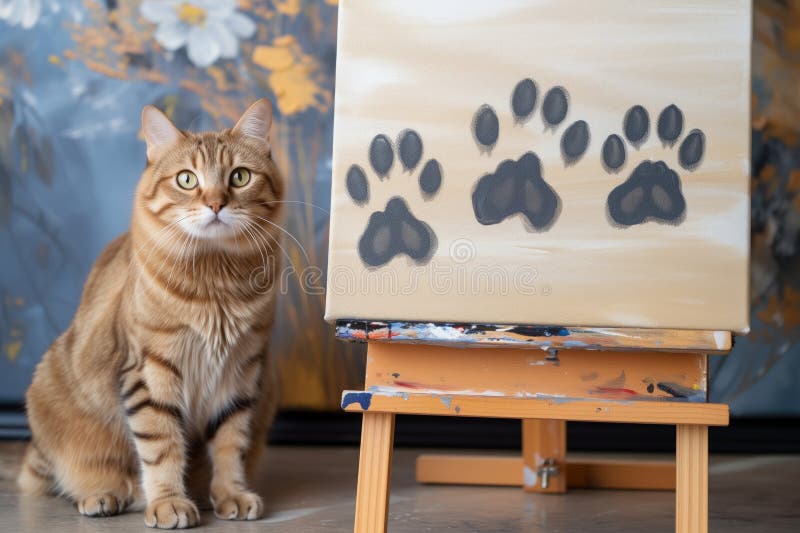 Cat Next To an Easel with Paw Prints on Canvas Stock Photo - Image of ...