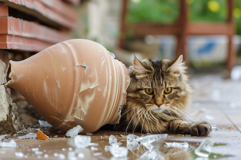 Cat Next To Knocked Over and Broken Vase Stock Photo - Image of ...