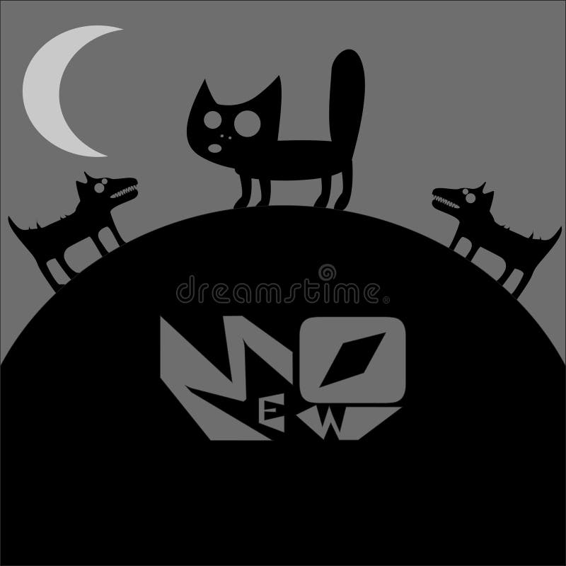 Cat in the Night Howling at the Moon and Scares the Dogs Stock Vector ...