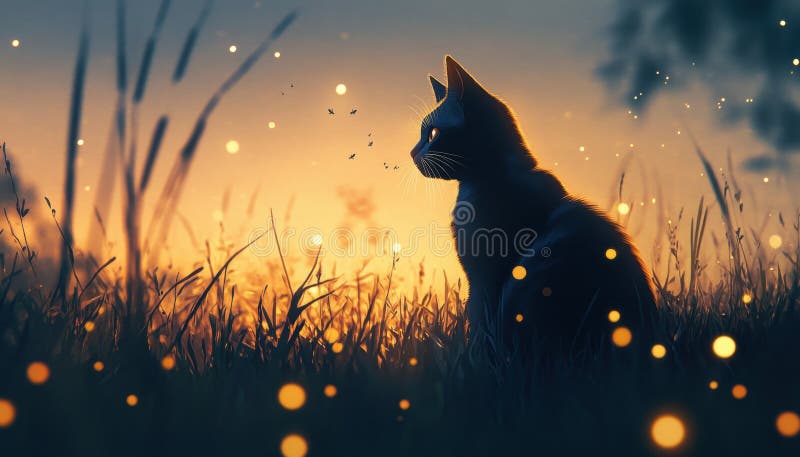 Cat Sitting in Grass at Sunset with Glowing Fireflies in a Serene ...