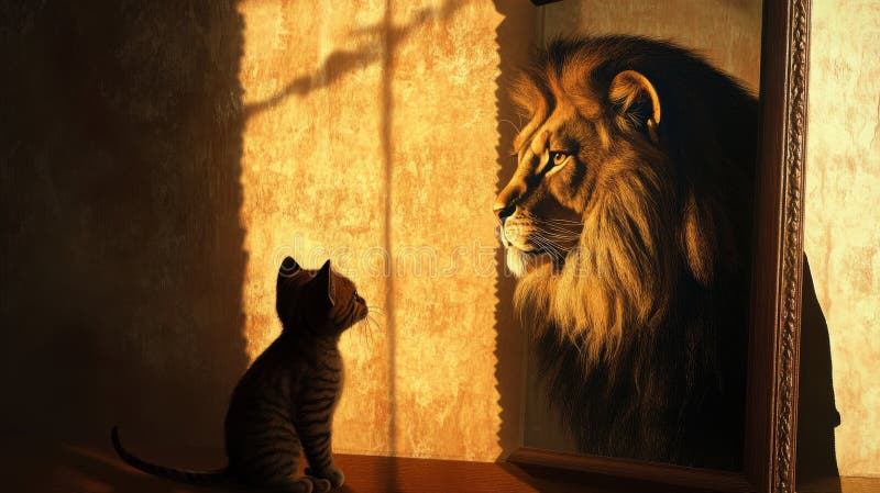 A Cat Observing Its Reflection in a Mirror Showing a Lion As an ...