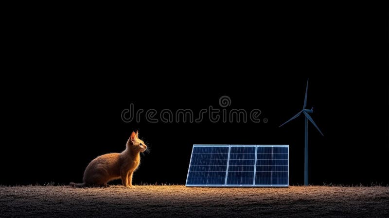 Cat Observing Solar Panels and Wind Turbine Under Dark Sky Stock ...