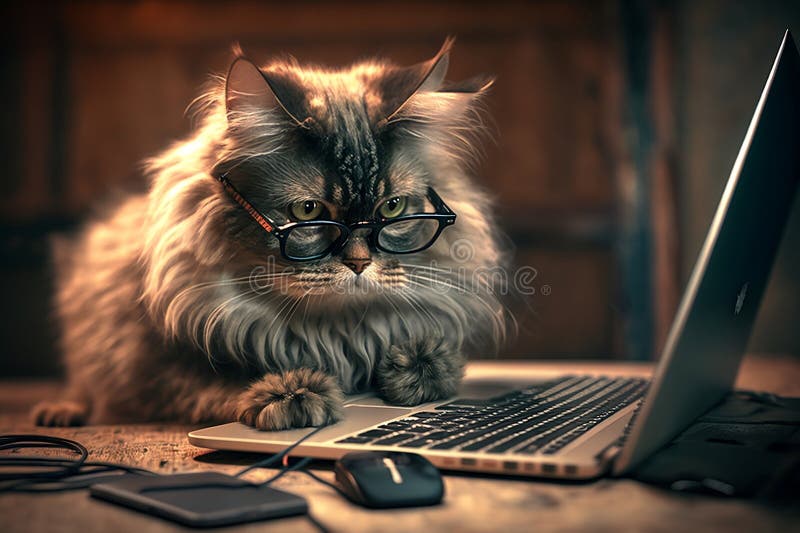 Cat at Office Desk with Computer. Generative AI Stock Illustration ...