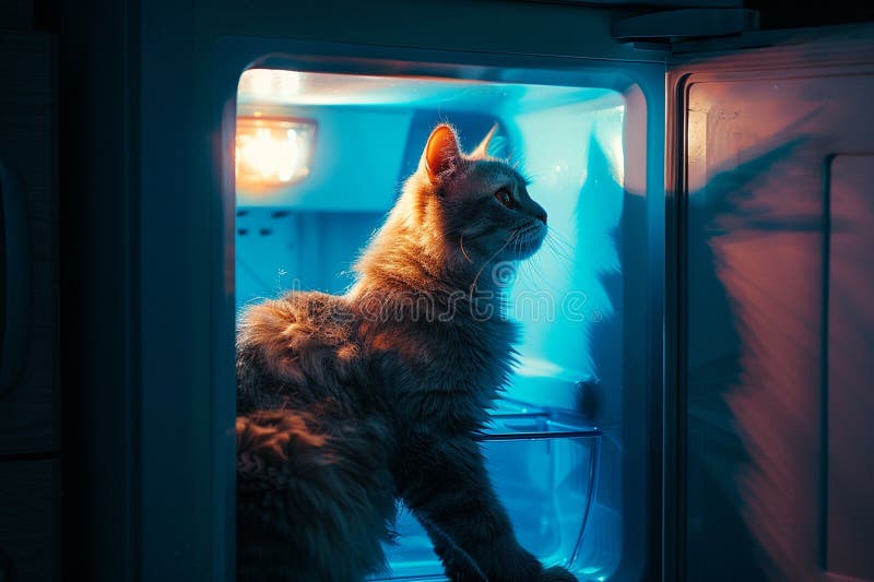 The Cat Opened the Refrigerator - Sits Inside, Illuminated by the Light ...