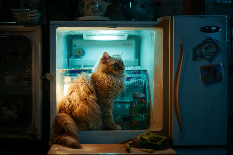 The Cat Opened the Refrigerator - Sits Inside, Illuminated by the Light ...
