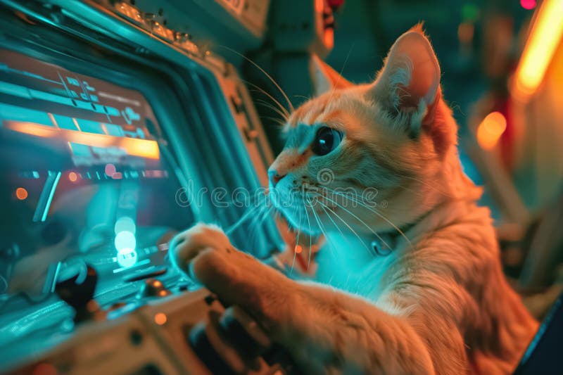Cat Operating a Spacecraft Control Panel with Focus Stock Photo - Image ...