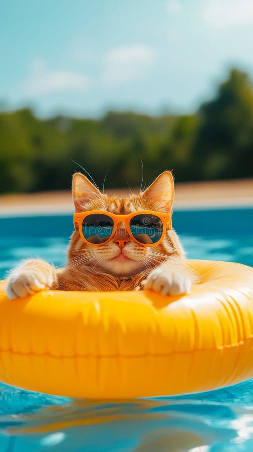 Cat Orange Sunglasses Floating Yellow Inflatable Swimming Pool Stock ...