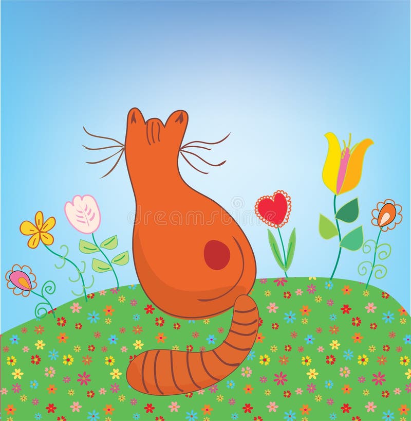 Cat Outdoor in the Flowers Funny Stock Vector - Illustration of ...