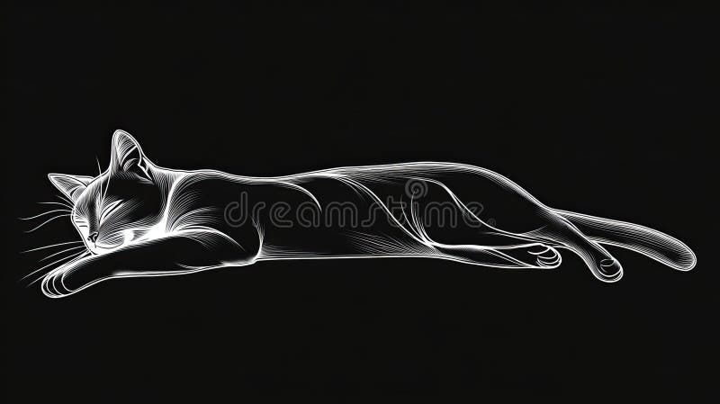 A Cat, Outlined in White, Reclining on a Dark Background, Perfect for ...