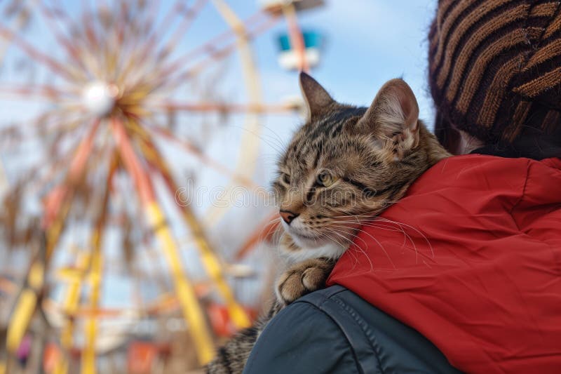 Cat on Owners Shoulder with Ferris Wheel Behind Stock Photo - Image of ...
