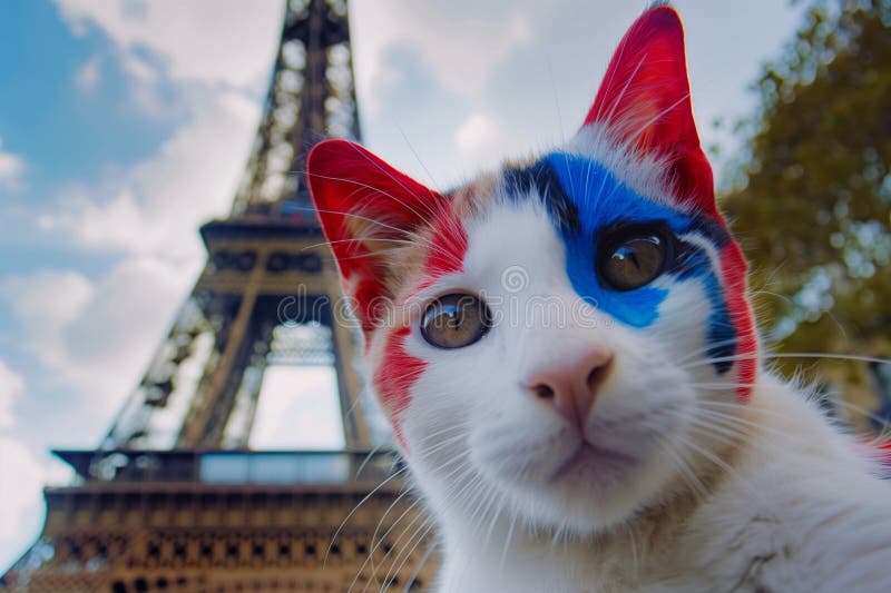 Cat Painted in Front Eiffel Tower. Paris 2024 Olympic Games Concept ...