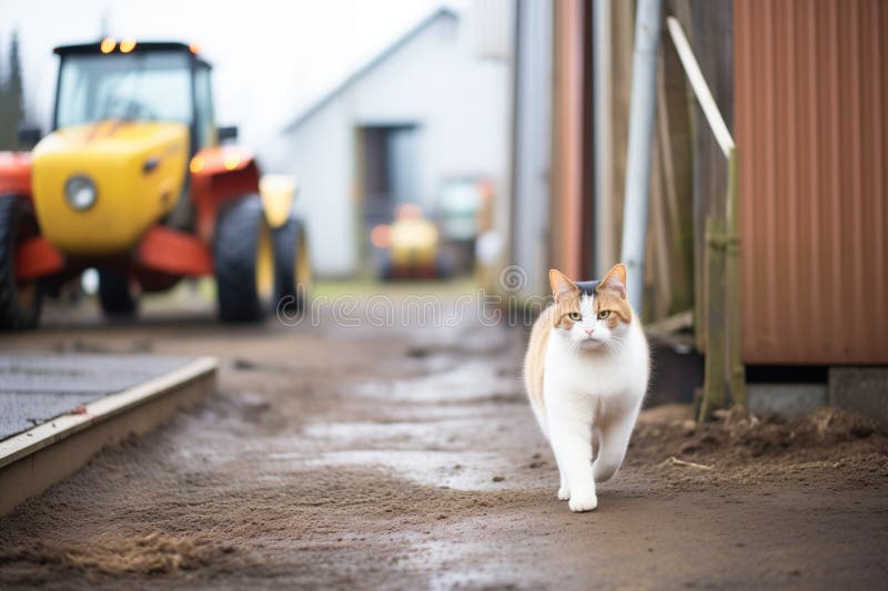 A Cat on Patrol between Farm Equipment and Storage Sheds Stock ...