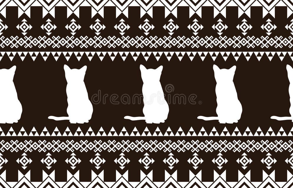 Seamless Pattern with Cats and Tribal Motifs. Vector Background, Ethnic ...