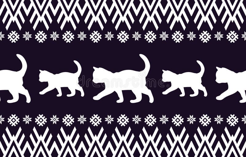 Walking Cat Silhouettes on Tribal Geometric Pattern with Dark ...