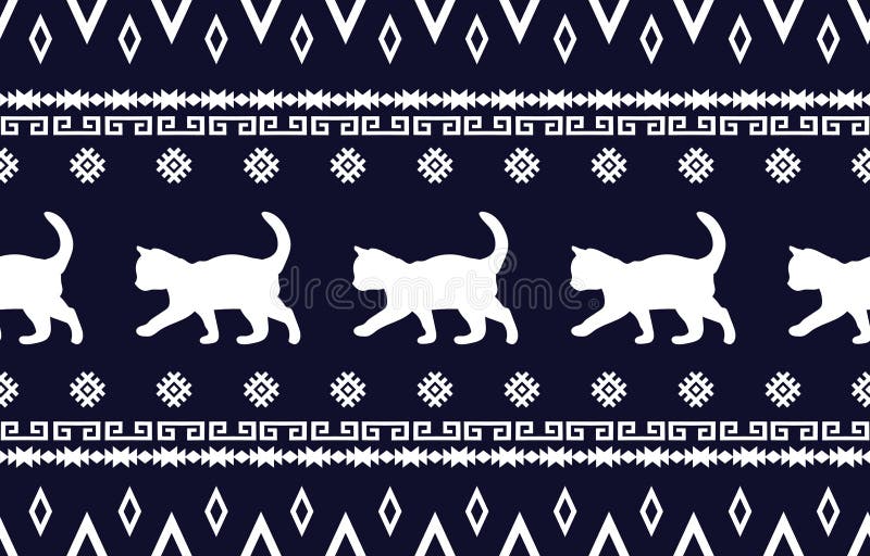 Cat Silhouettes on Tribal Geometric Pattern with Dark Background Stock ...