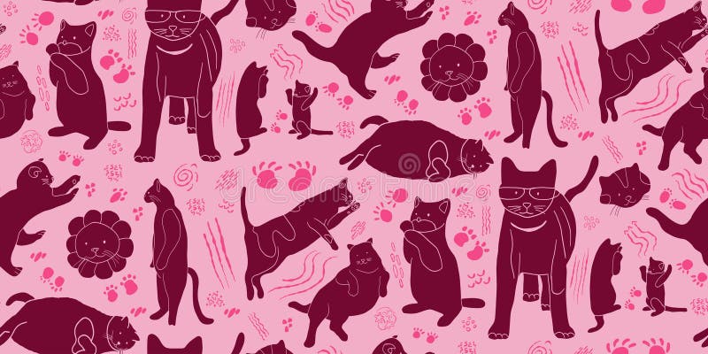 Cat Pattern Seamless Pattern, Hand Drawn Magenta Pink Half Drop Brick ...