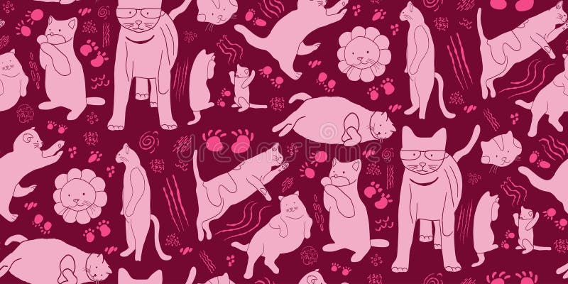 Cat Pattern Seamless Pattern, Hand Drawn Magenta Pink Half Drop Brick ...