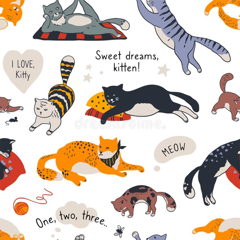 Cat Pattern. Seamless Texture of Different Cute Kittens, Trendy Doodle ...