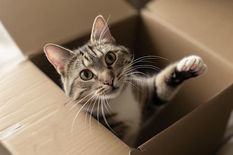 Cat with Paw Lifted, Stepping Out of Box Stock Image - Image of ...