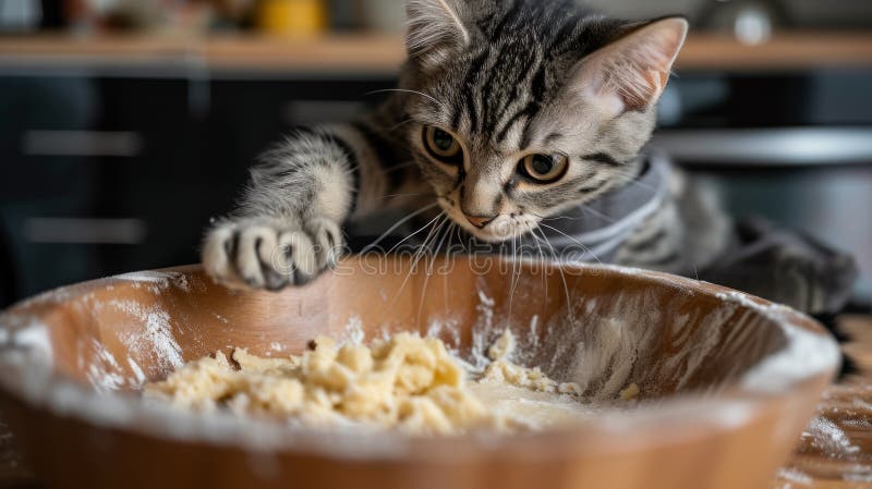 A Cat Pawing at a Bowl of Food in the Kitchen, AI Stock Image - Image ...