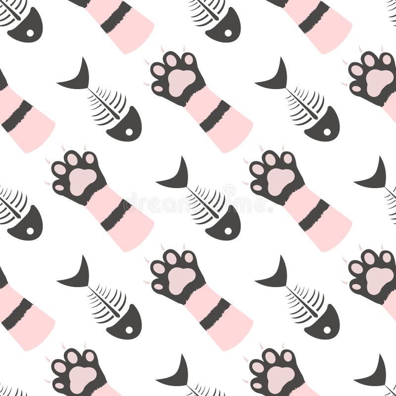 Cat Paws and Fish Skeleton Pattern Stock Illustration - Illustration of ...
