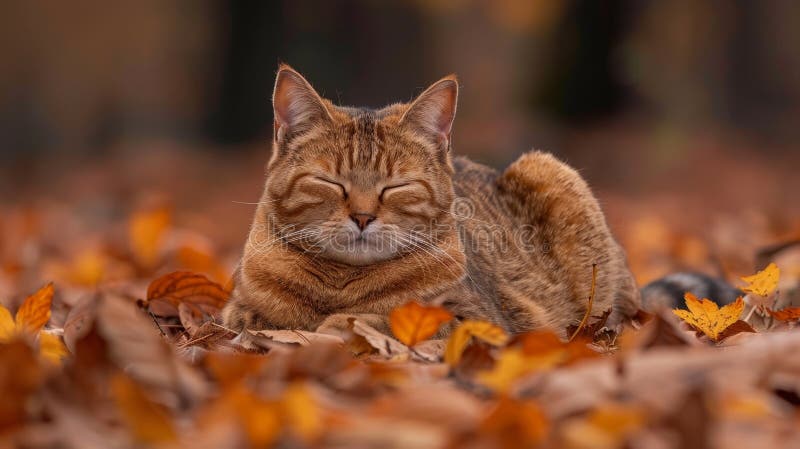 Cat Peacefully Napping on a Bed of Fallen Leaves with a Soft Focus ...